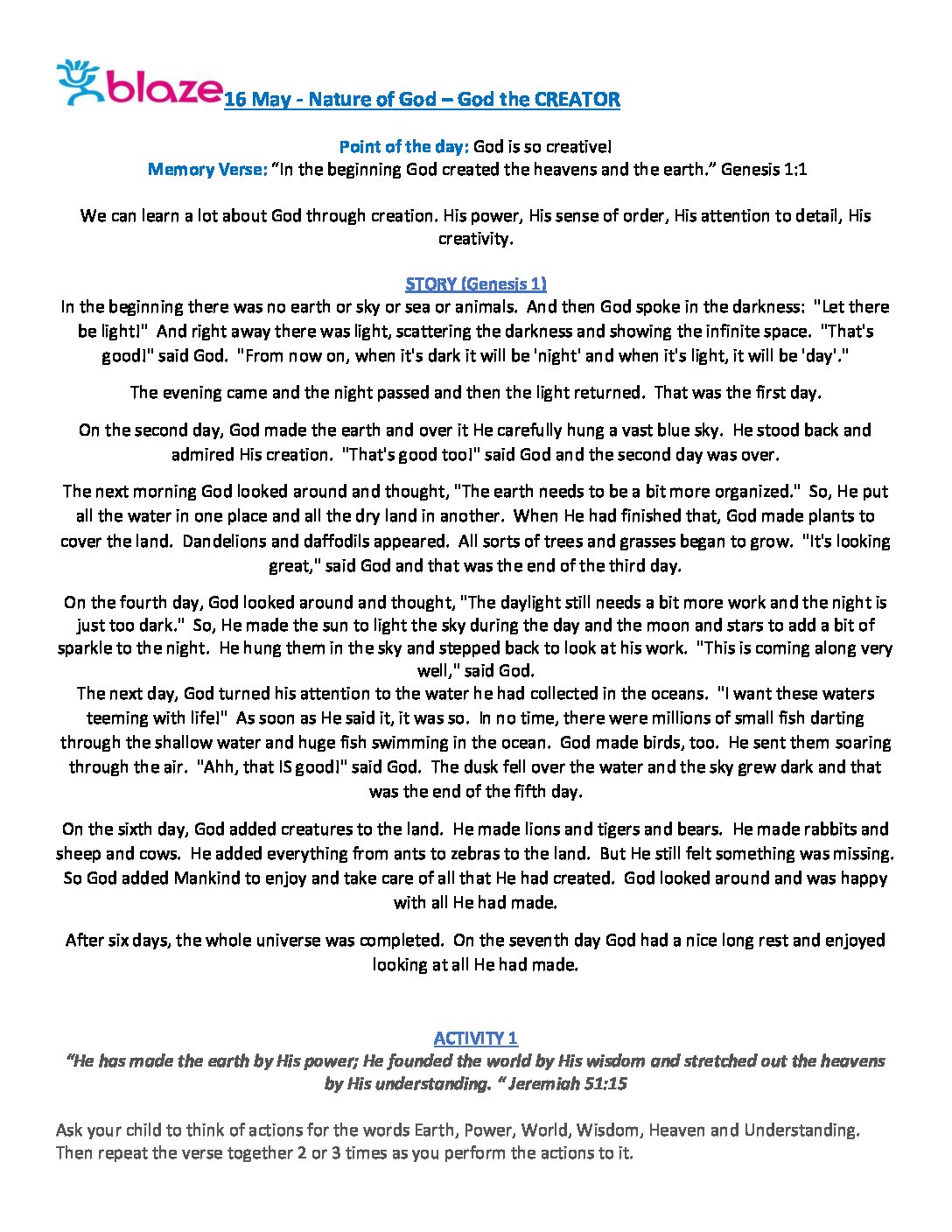 BLAZE – God is CREATOR | Jubilee Community Church, East Grinstead