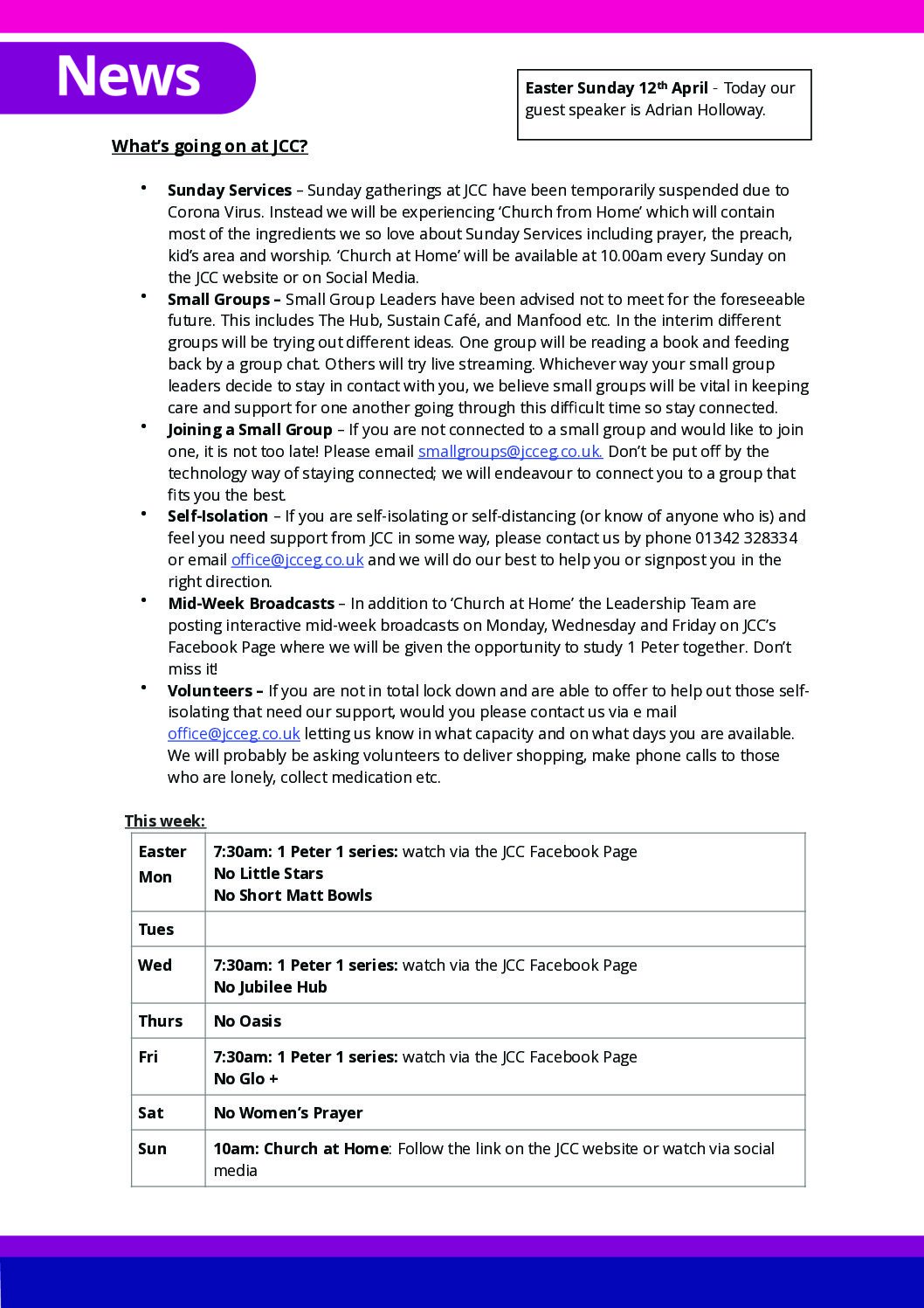NEWS SHEET 12TH APRIL | Jubilee Community Church, East Grinstead