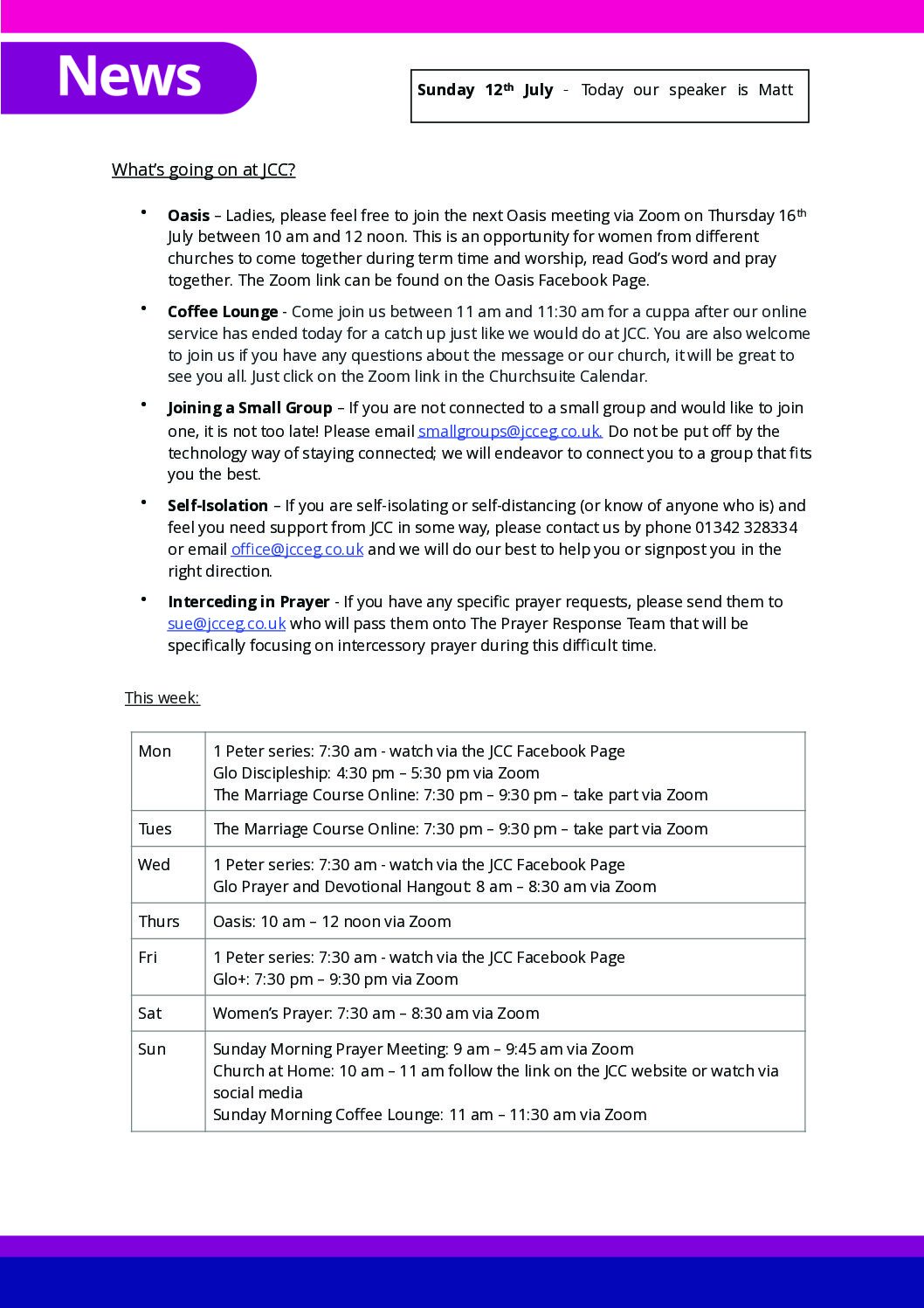 NEWS SHEET 12TH JULY | Jubilee Community Church, East Grinstead